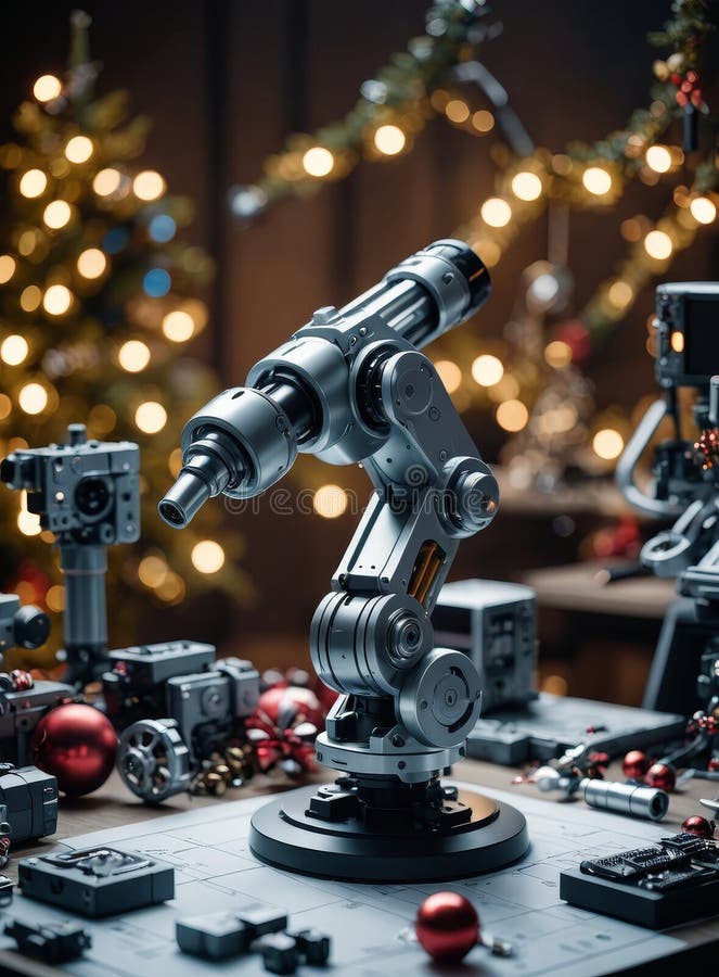 Futuristic Workshop with Robotic Arm Building Christmas Ornament. Stock ...