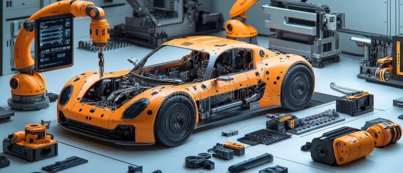 High-tech Assembly Line with Orange Robotic Arms and Sports Car Parts ...