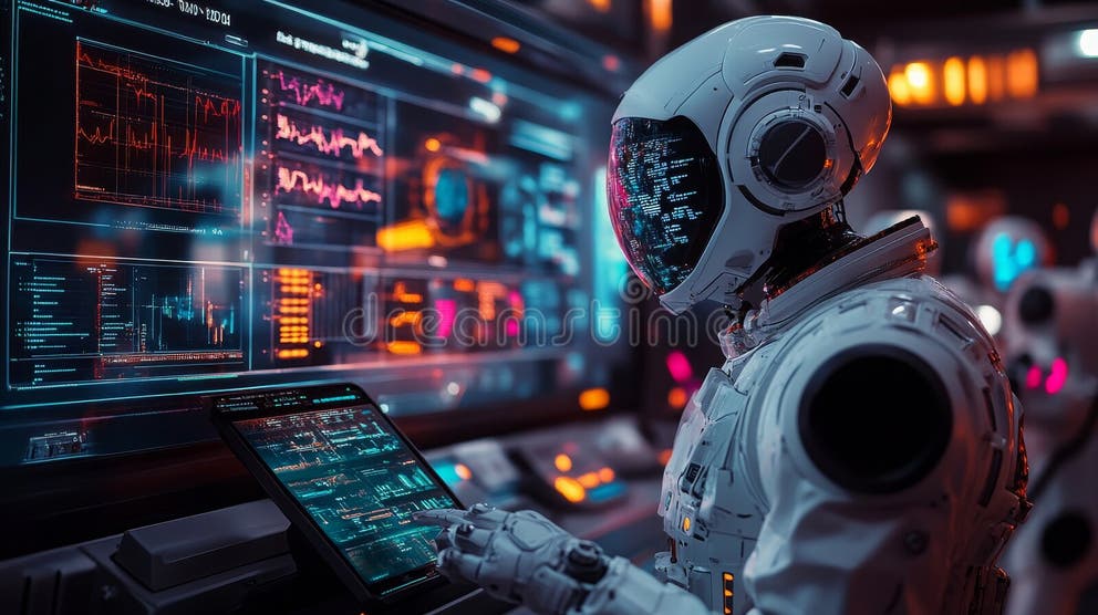 Futuristic Workspace with AI Assistants Actively Analyzing Data in a ...