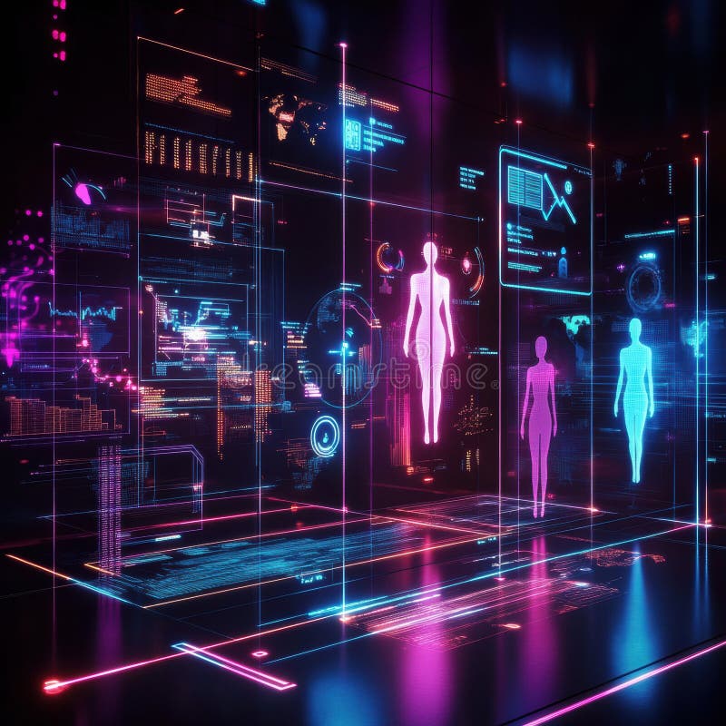 Digital Avatars Interact in a High Tech Workspace Illuminated by ...