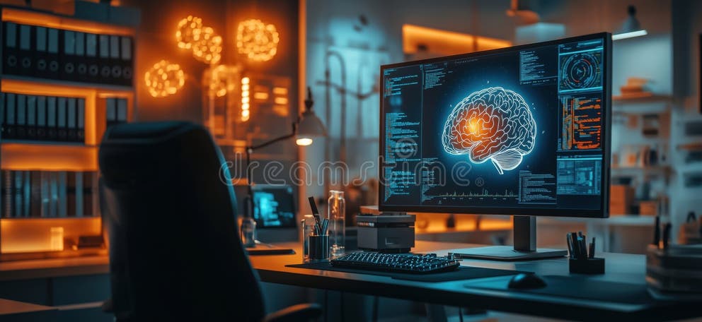Futuristic Workspace with Computer Displaying Brain Data Visualization and Analytics Stock Photo ...