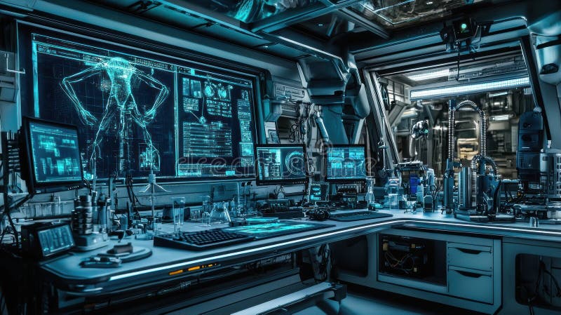 Futuristic Workspace with Computer Screens a 3D Model and a High Tech ...