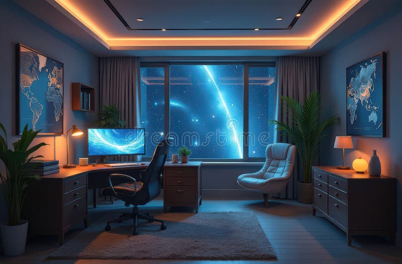 Futuristic Workspace with Cosmic Views - Modern Home Office at Night ...