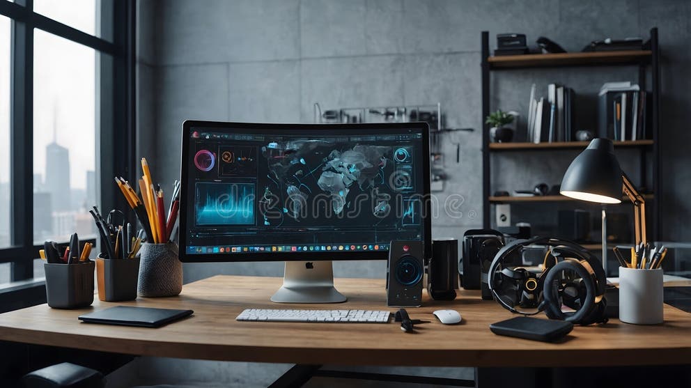 Futuristic Workspace with Curved Monitor, 3D Design, and Tech Gadgets ...