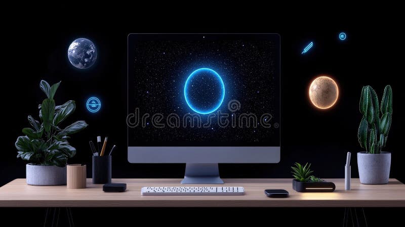 Futuristic Workspace with Desktop Monitor Displaying Planets and Space ...