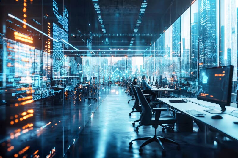 Futuristic Workspace with Digital Holograms and Professionals ...