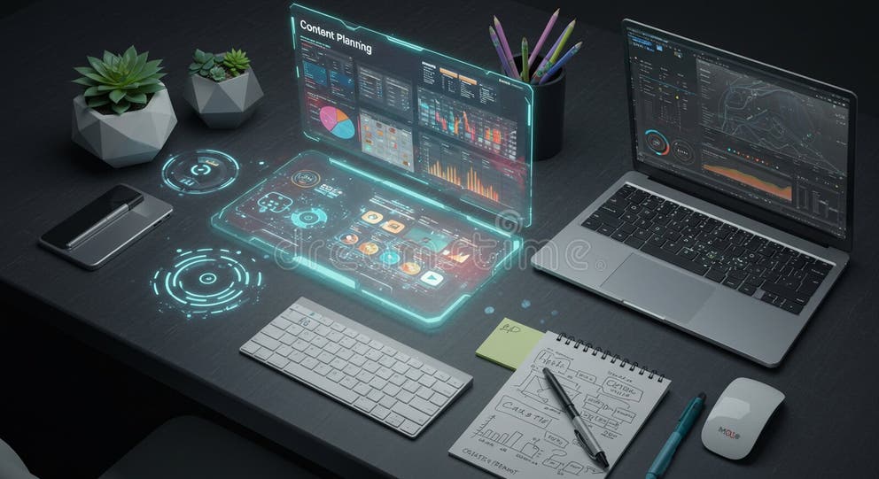 Futuristic Workspace with a Digital Interface Projected Above a Dark ...