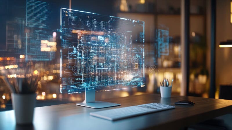 Futuristic Workspace Digital Interface Vibrant City Skyline Night Stock ...