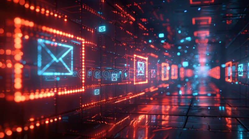 Futuristic Workspace with Digital Mail, Colorful Envelopes, Modern ...