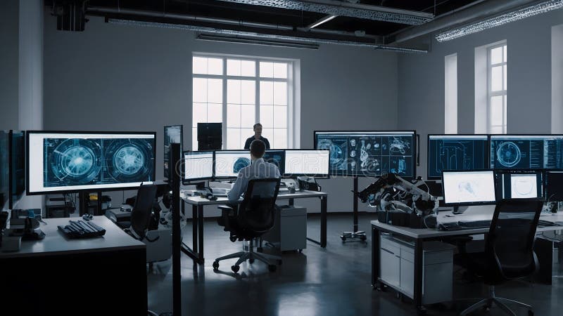 Futuristic Workspace Engineers Working on Robotics, AI Systems, and 3D Models in Modern Tech ...