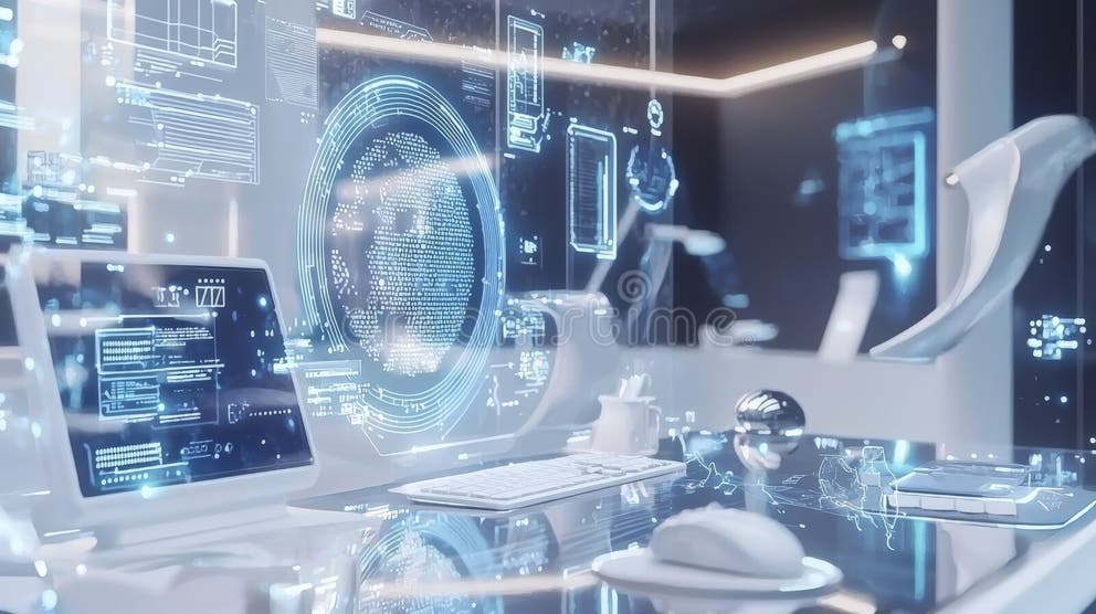 Futuristic Workspace Featuring Advanced Devices Modern Office Digital ...