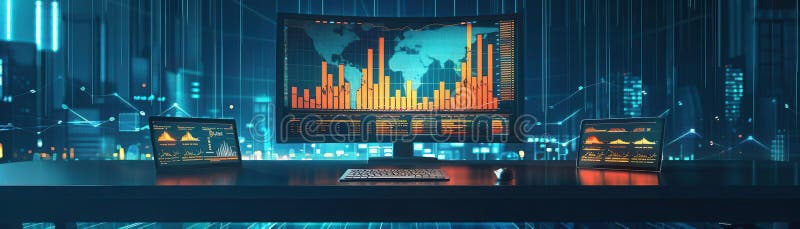 A Futuristic Workspace Featuring Multiple Screens Displaying Complex Data Visualizations And