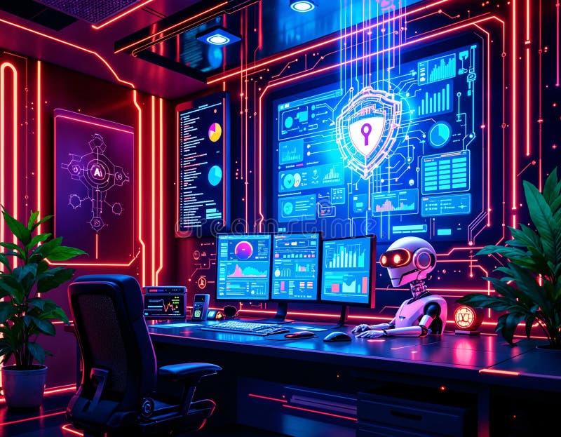 Futuristic Workspace Featuring a Robot and High-tech Interface at Night ...