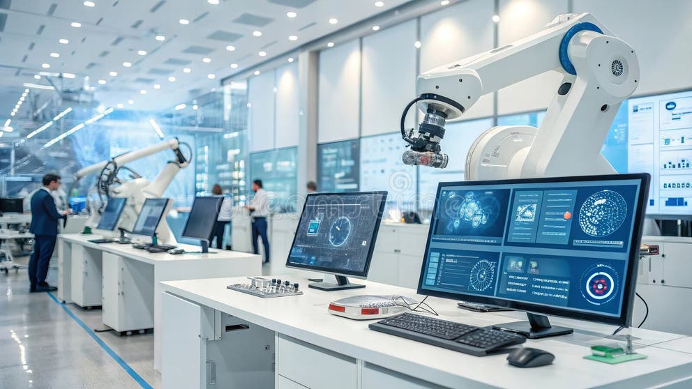 Futuristic Workspace Featuring Robotic Arms and Advanced Technology ...