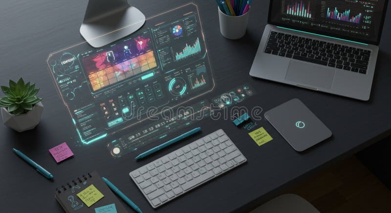 Futuristic Workspace Featuring a Transparent Holographic Display with ...