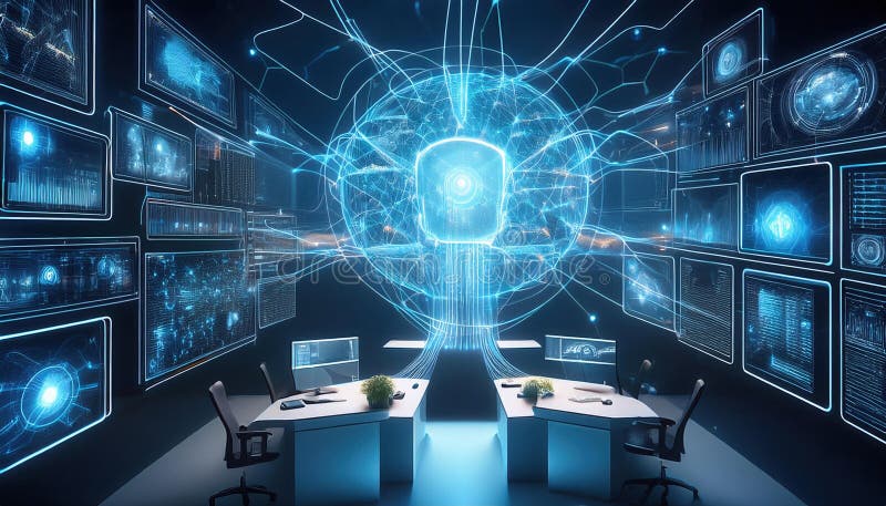 Futuristic Workspace with Glowing Neural Networks and Data Streams ...