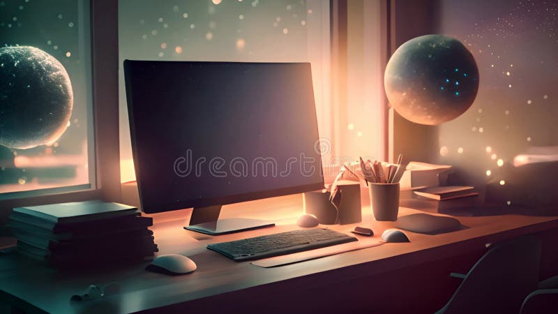 Futuristic Workspace with Hologram Computer. Desktop Computer with ...