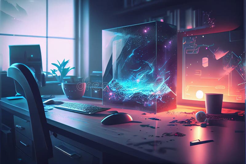 Futuristic Workspace with Hologram Computer Stock Illustration ...