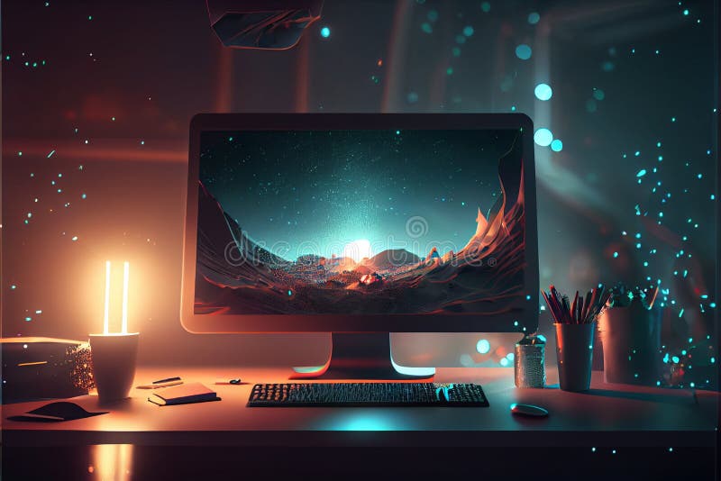 Futuristic Workspace with Hologram Computer Stock Illustration ...