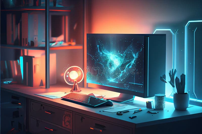 Futuristic Workspace with Hologram Computer Stock Illustration ...