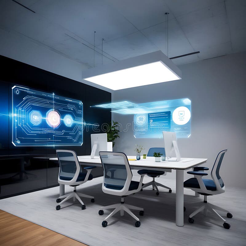Futuristic Workspace with Holographic Displays Merging Digital and ...