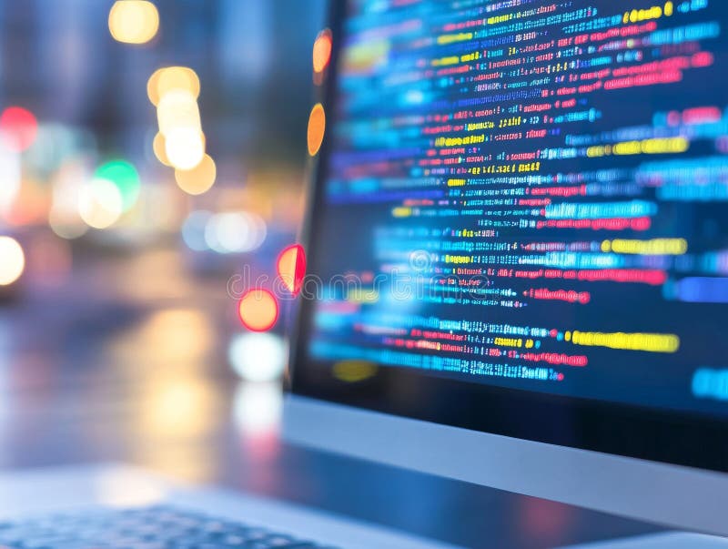 A Futuristic Workspace Illuminated by Neon Lights Features a High-tech Computer Setup with a ...