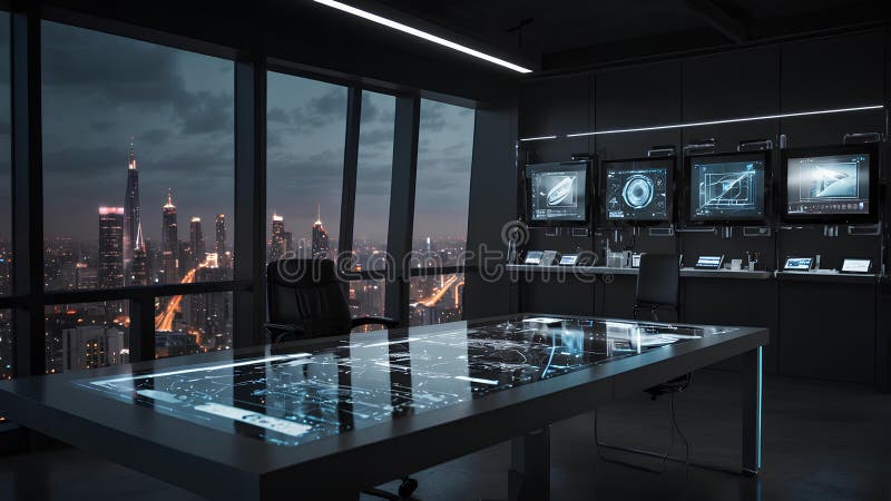 A Futuristic Workspace with a Large Touchscreen Table and Digital Documents Stock Illustration ...