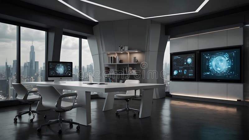 A Futuristic Workspace with a Large Touchscreen Table and Digital ...