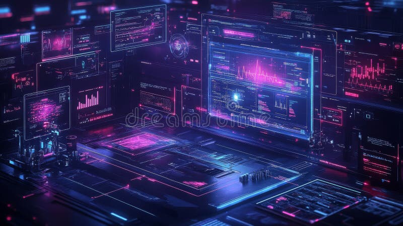 Futuristic Workspace Multiple Ai Interfaces Displaying Data Analytics Visualizations Stock ...