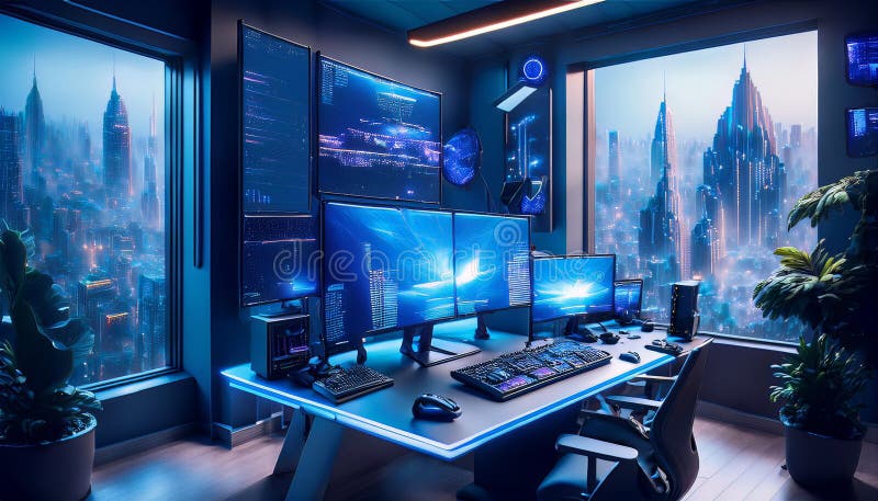 Futuristic Workspace with Multiple Computer Screens and Cityscape View ...
