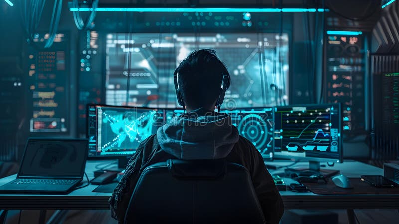 Futuristic Workspace with Multiple Computer Screens Stock Illustration ...