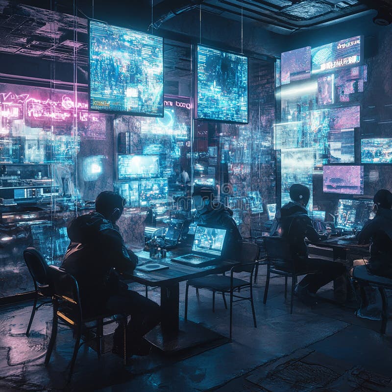 Futuristic Workspace with Multiple Screens and Busy Individuals in Neon ...