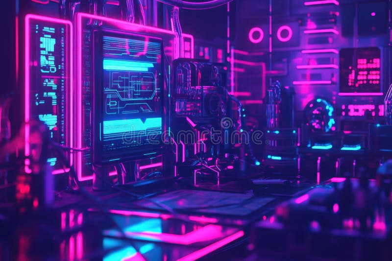 Futuristic Workspace Neon Lights Advanced Technology Cyberpunk Setting ...