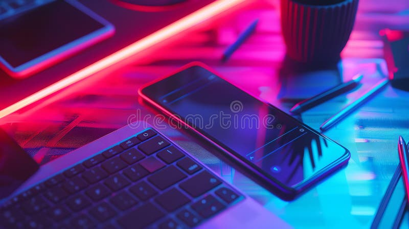 Futuristic Workspace with Neon Lights, Digital Devices on Desk. Modern ...