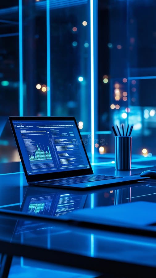 Futuristic Workspace Setup with a Sleek Laptop Displaying a Business ...