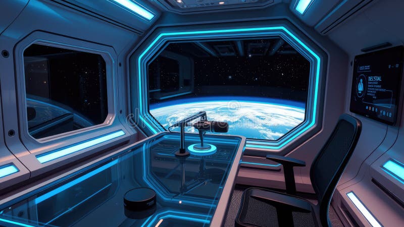 Futuristic Workspace with a View of Earth from a Spaceship in Outer ...