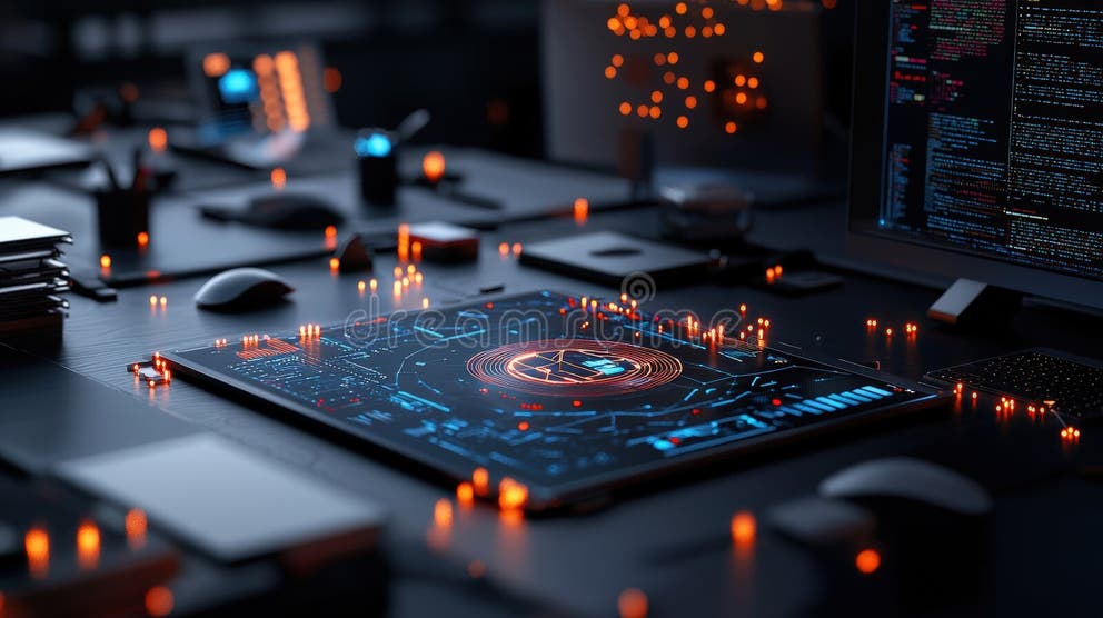 A Futuristic Workstation with Glowing Interface Illuminated Elements ...