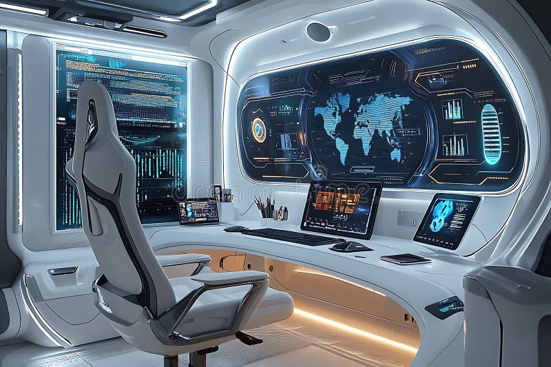 Futuristic Workstation Modern Ergonomic Desk with Integrated Displays ...