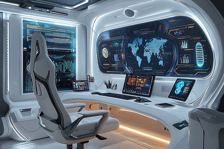 Futuristic Workstation Modern Ergonomic Desk with Integrated Displays ...