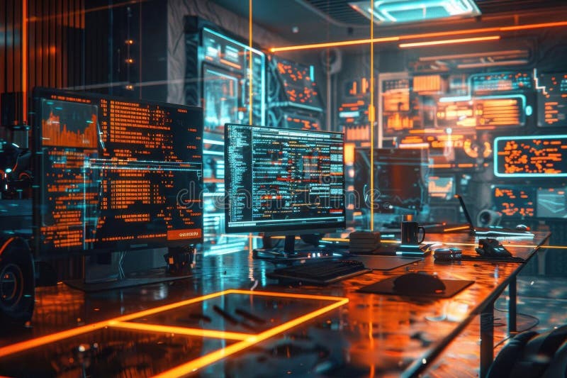 Futuristic Workstation with Neon Lights and Computer Screens Displaying Code Stock Illustration ...