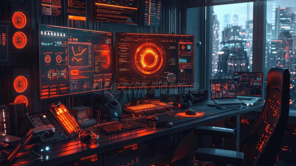 Futuristic Workstation with Red UI and Cityscape View Stock ...
