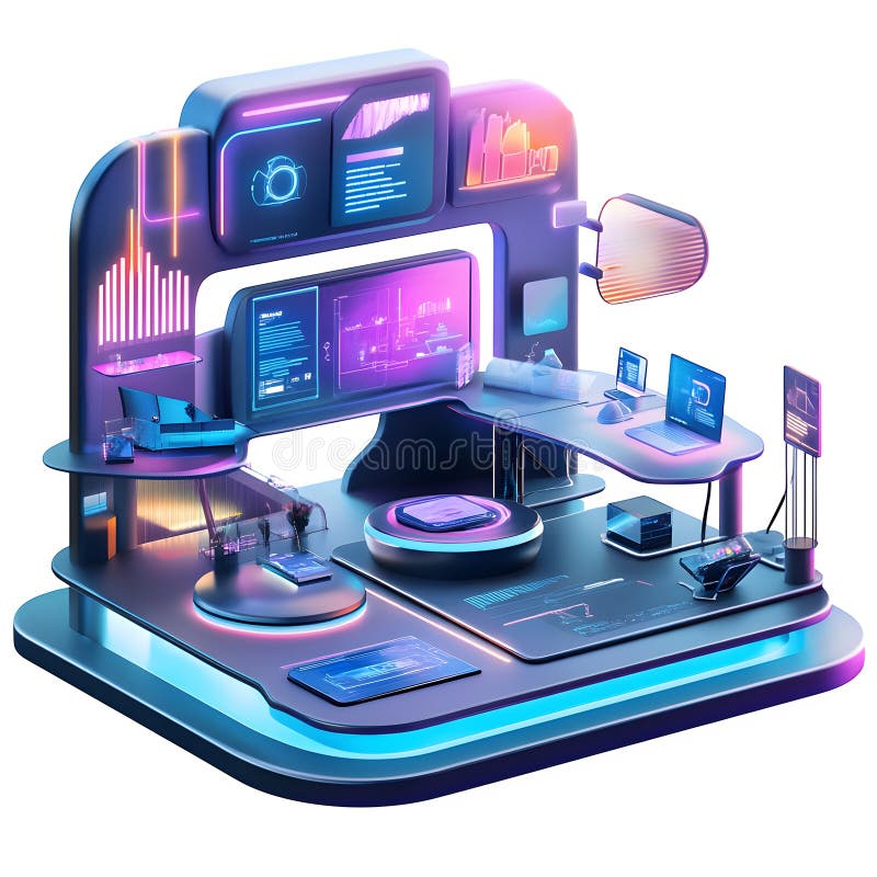 Futuristic Workstation Setup with Multiple Screens Laptops and Neon Lights in a Modern Design ...