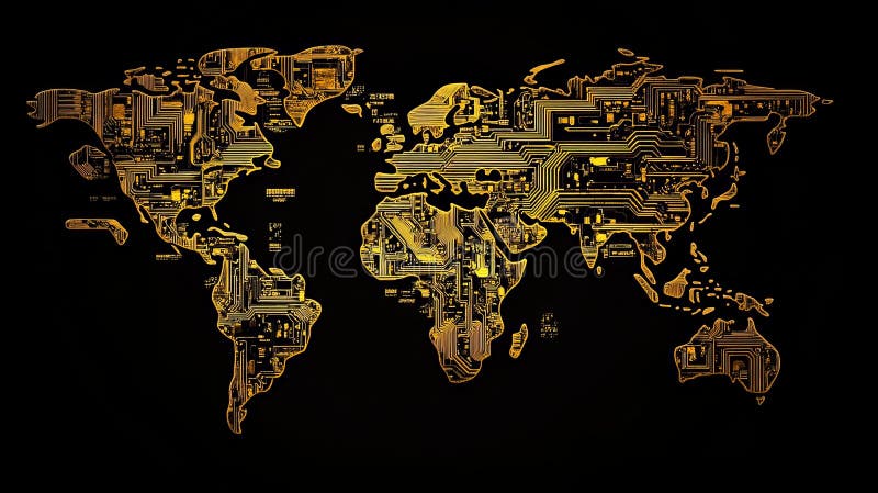 Futuristic World Map with Circuit Patterns on Black Background Stock ...