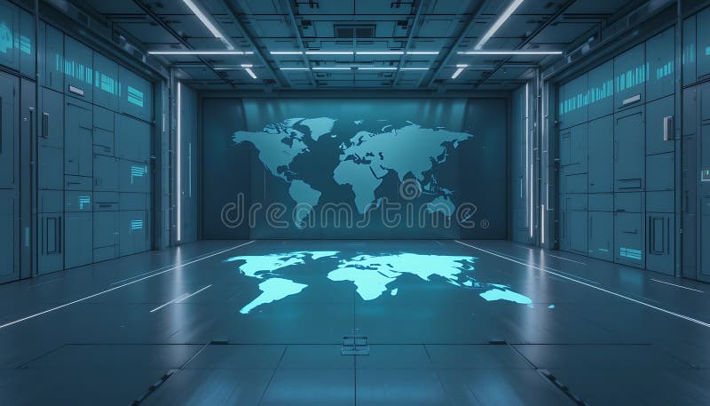 Futuristic World Map Display in Modern Tech Interior Design Space Stock ...
