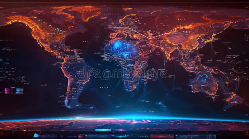 A Futuristic World Map Displaying Data Visualizations with Glowing Regions Stock Illustration ...