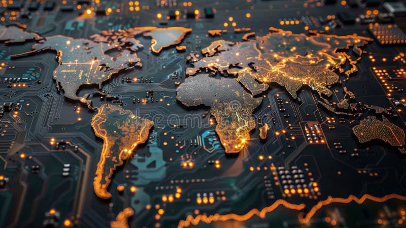 A Futuristic World Map Etched Onto a Circuit Board, Symbolizing Global ...
