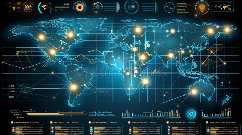 A Futuristic World Map with Glowing Data Points, Digital Grids, and ...