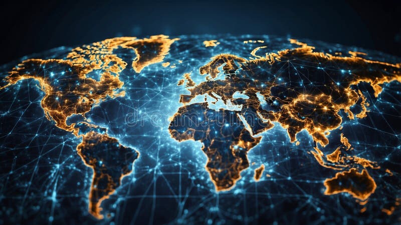 Futuristic World Map with Light. Concept Illustration of Internet ...