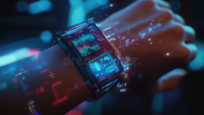 Futuristic Wrist Device Displays Vibrant Data Holograms in High-tech ...