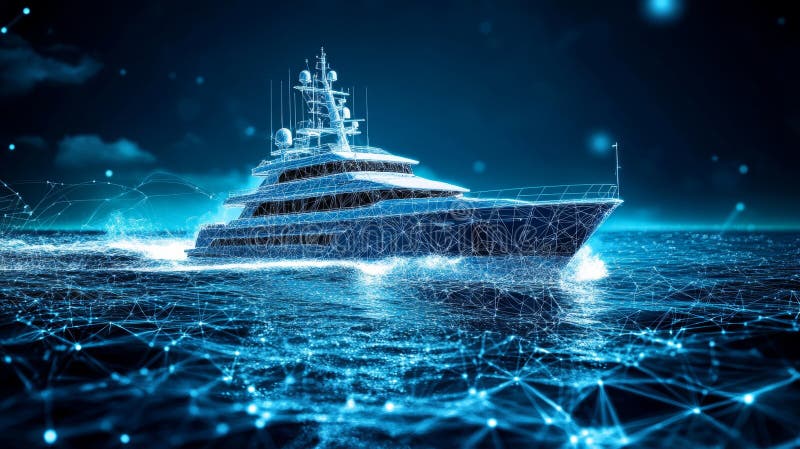 Futuristic Yacht and Digital Sea. Innovation in Shipbuilding. Modern ...
